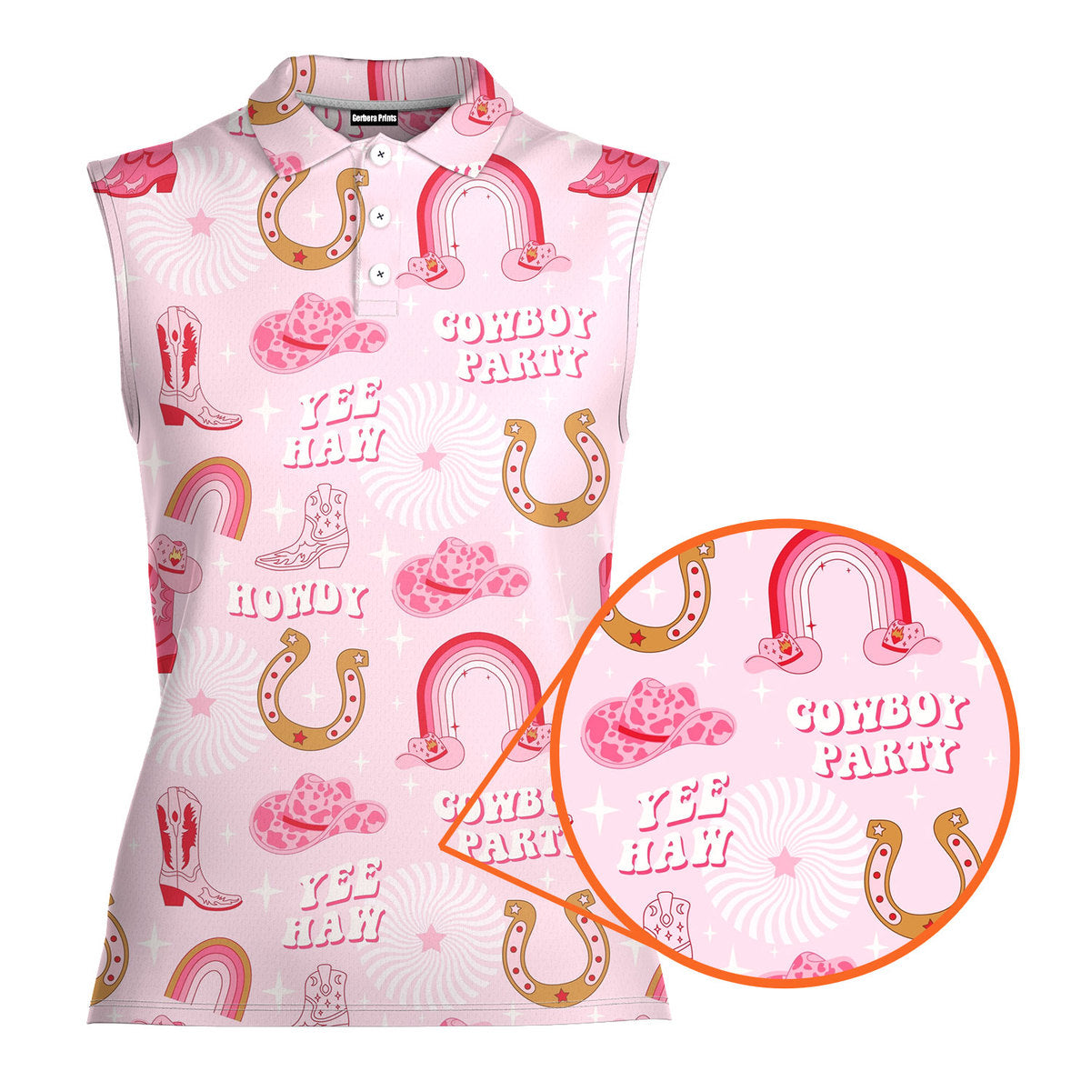 Rodeo Cowgirl Retro Horseshoe Cactus Pink - Ladies Sleeveless Golf Pol ...